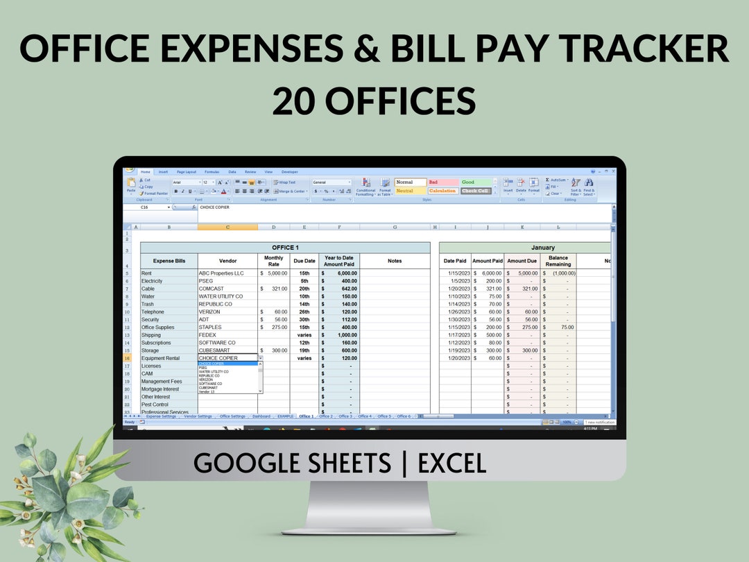 Office Bill Payment Tracker: Multi-office Expense Spreadsheet (google ...