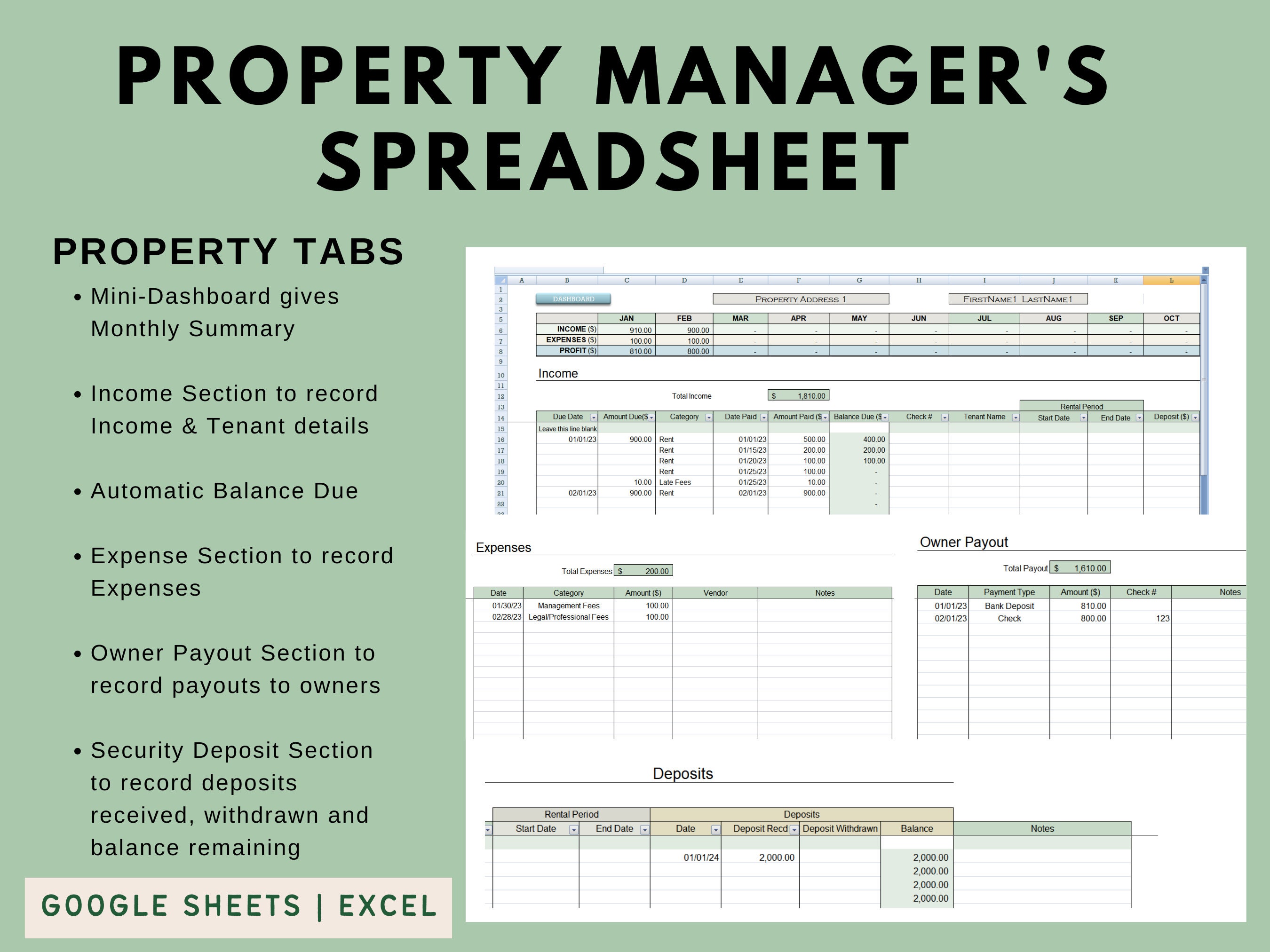 Property Manager Spreadsheet 100 Properties Owner Reports Rental Income Expense Tracker Rent ...