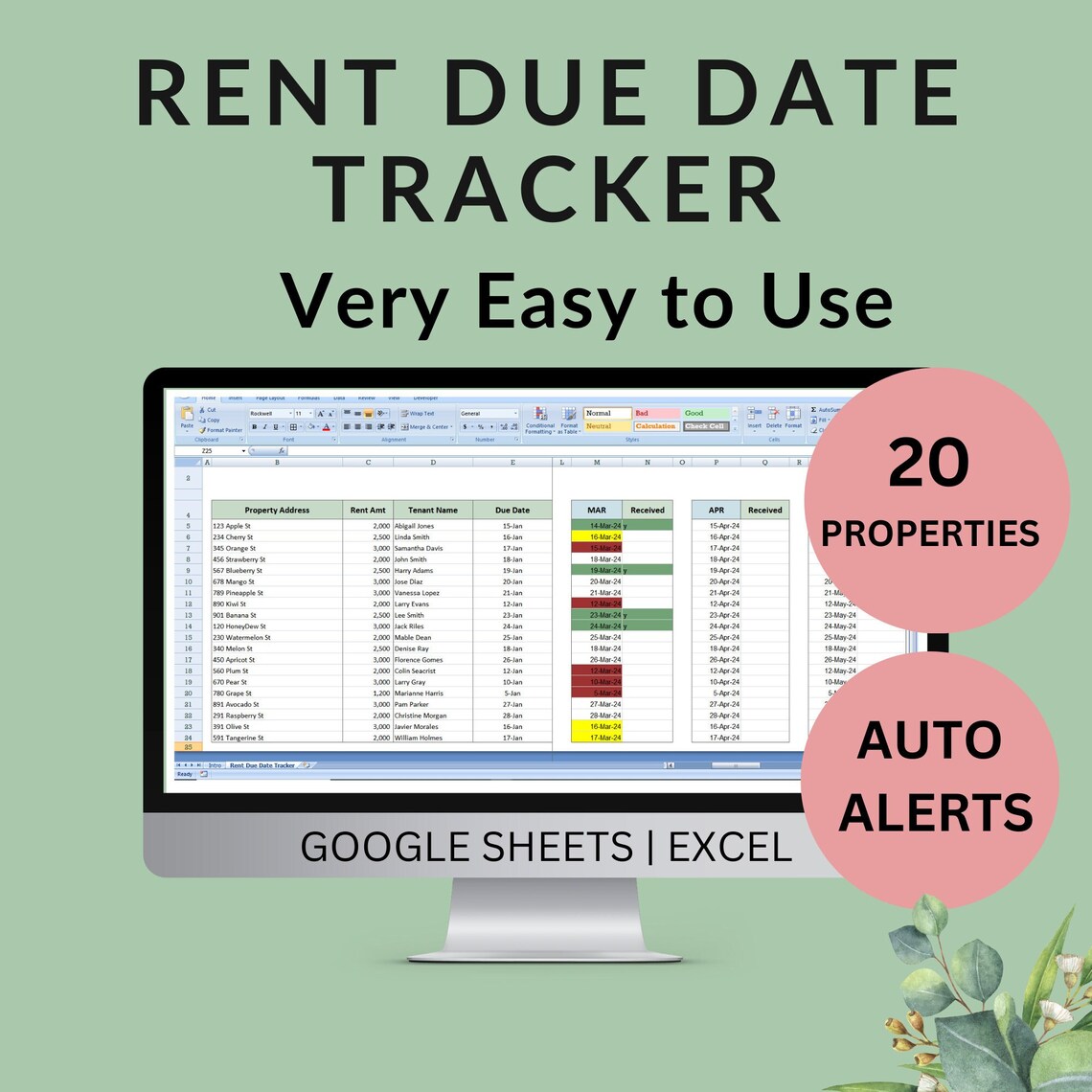 Rent Due Date Tracker: Landlord Tenant Payment Spreadsheet (google ...