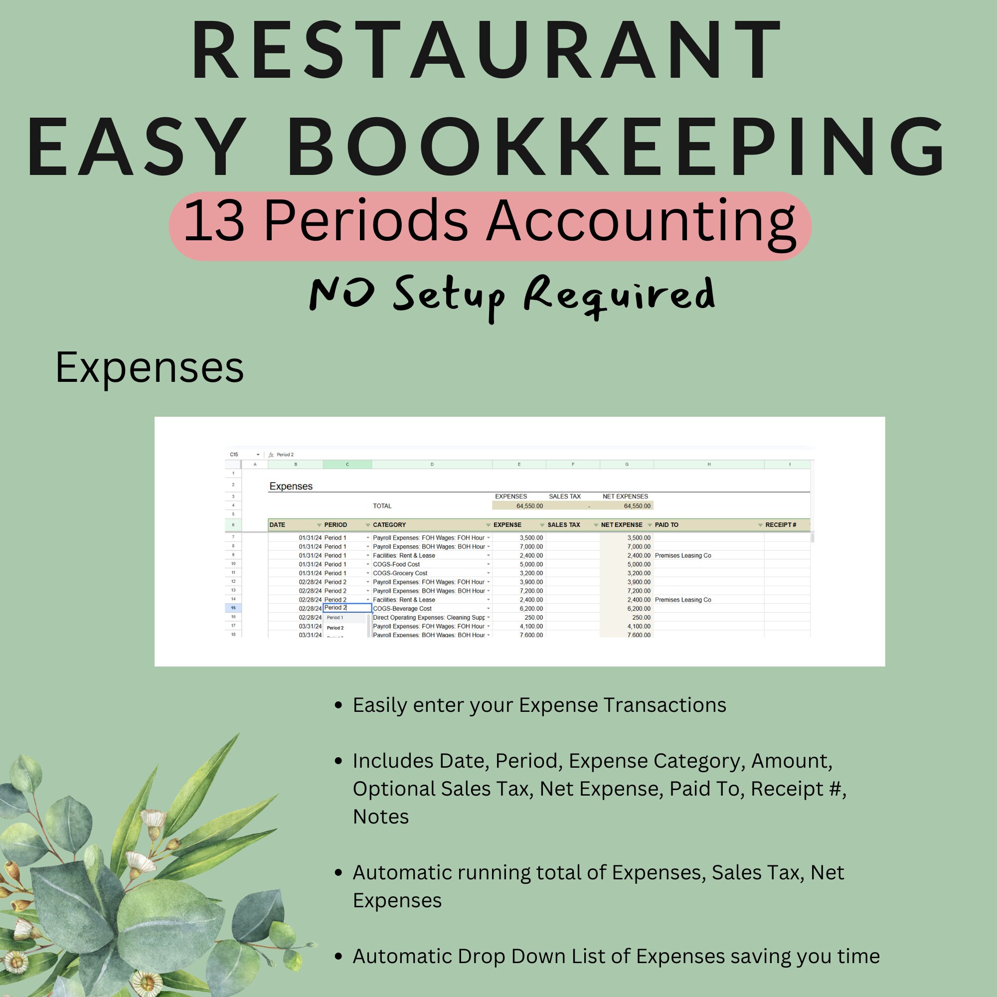Restaurant Easy Bookkeeping 13 Periods Accounting | Income Expenses and ...