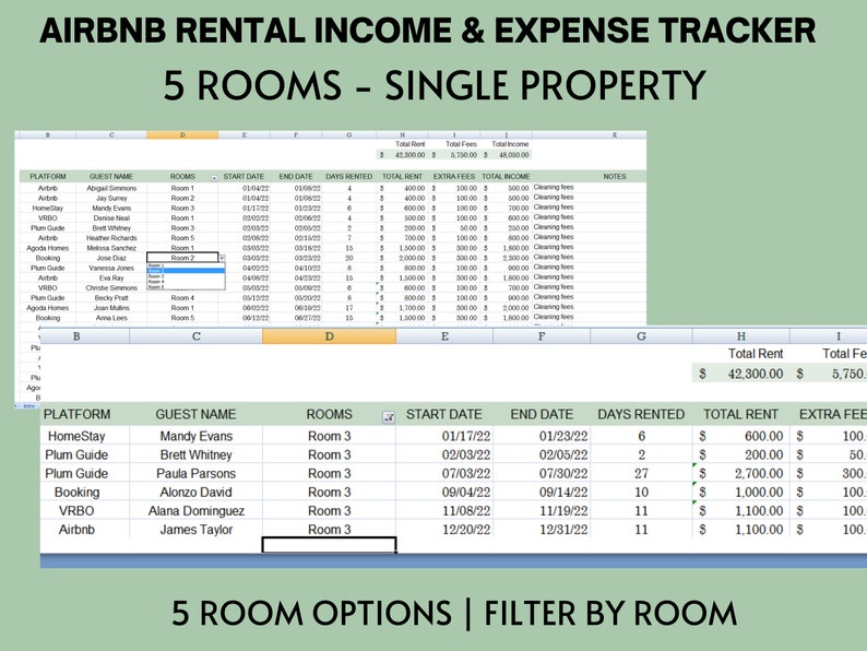 Airbnb Rental Income Expense Tracker 5 Rooms | Room Rental Bookkeeping ...