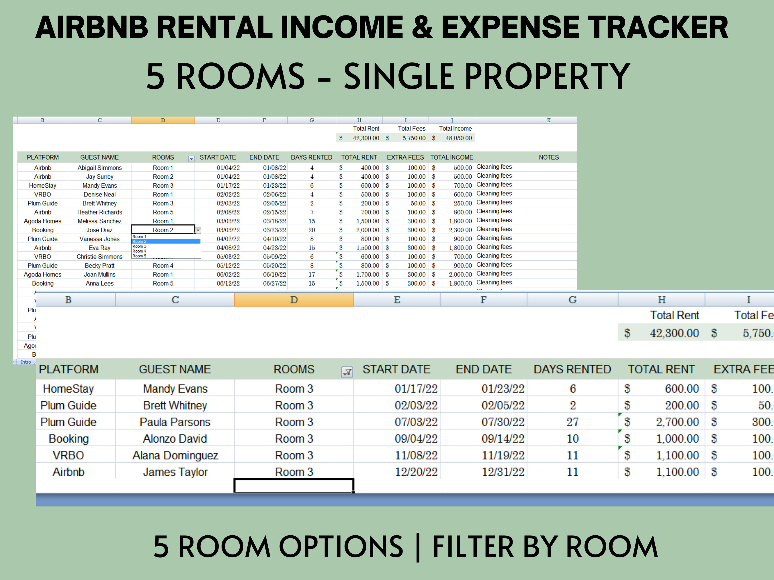Airbnb Rental Income Expense Tracker 5 Rooms | Room Rental Bookkeeping ...