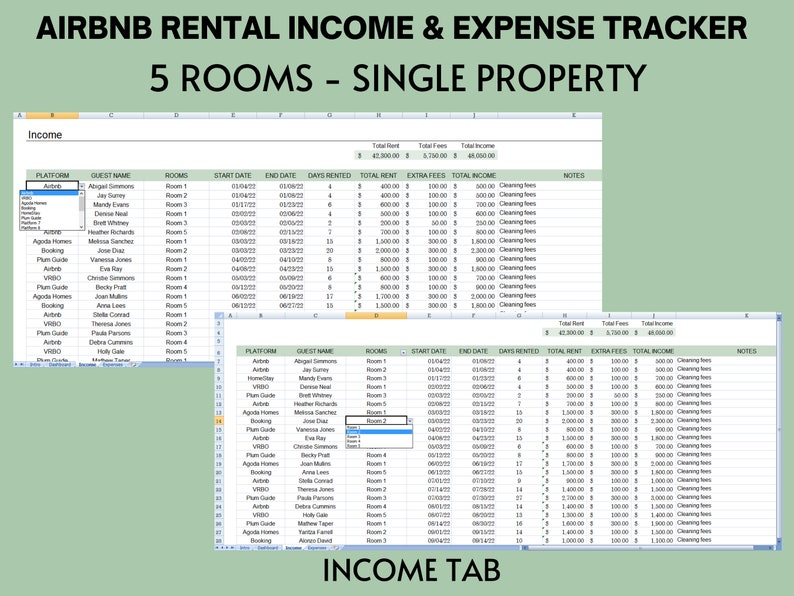 Airbnb Rental Income Expense Tracker: 5 Rooms Single Property Landlord ...