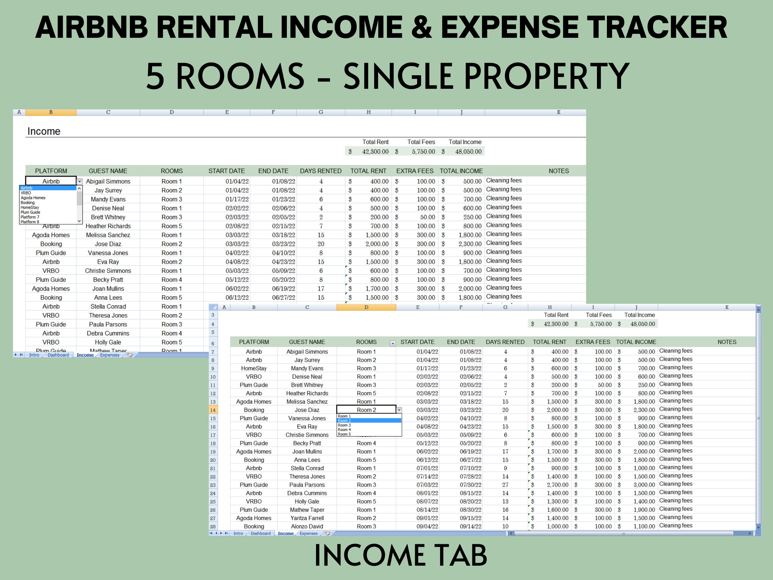 Airbnb Rental Income Expense Tracker 5 Rooms | Room Rental Bookkeeping ...