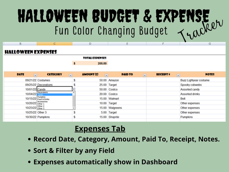 Halloween Budget Tracker: Color Changing Excel Dashboard (digital ...