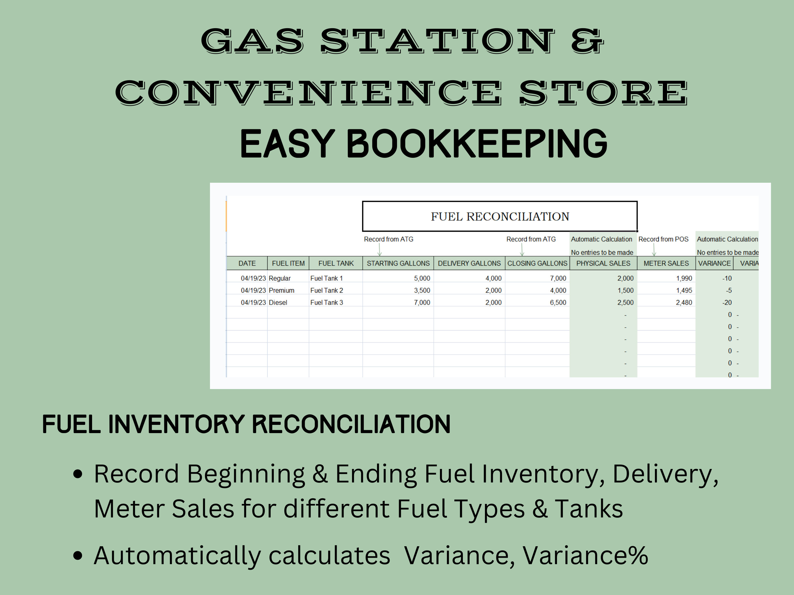 Gas Station Bookkeeping Spreadsheet: Income, Expense, Fuel, Card ...