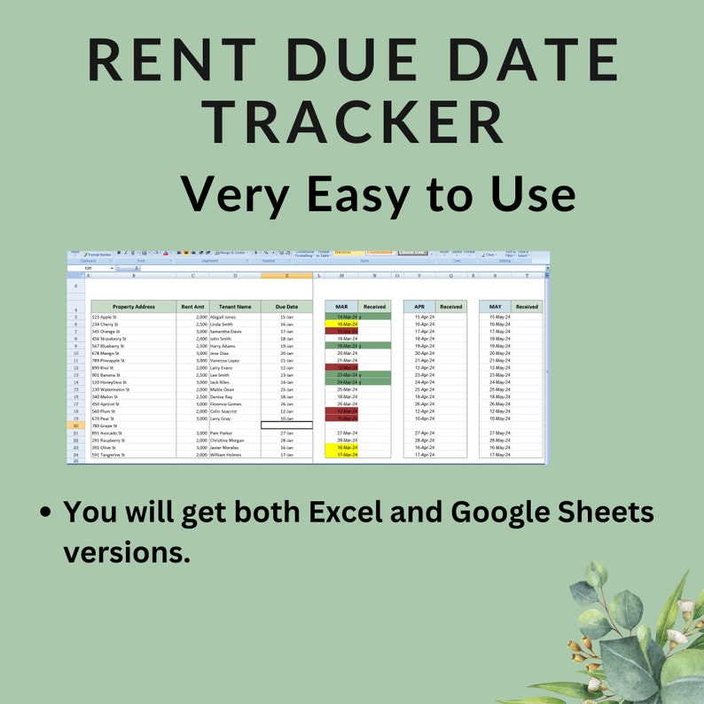 Rent Due Date Tracker: Landlord Tenant Payment Spreadsheet (google ...