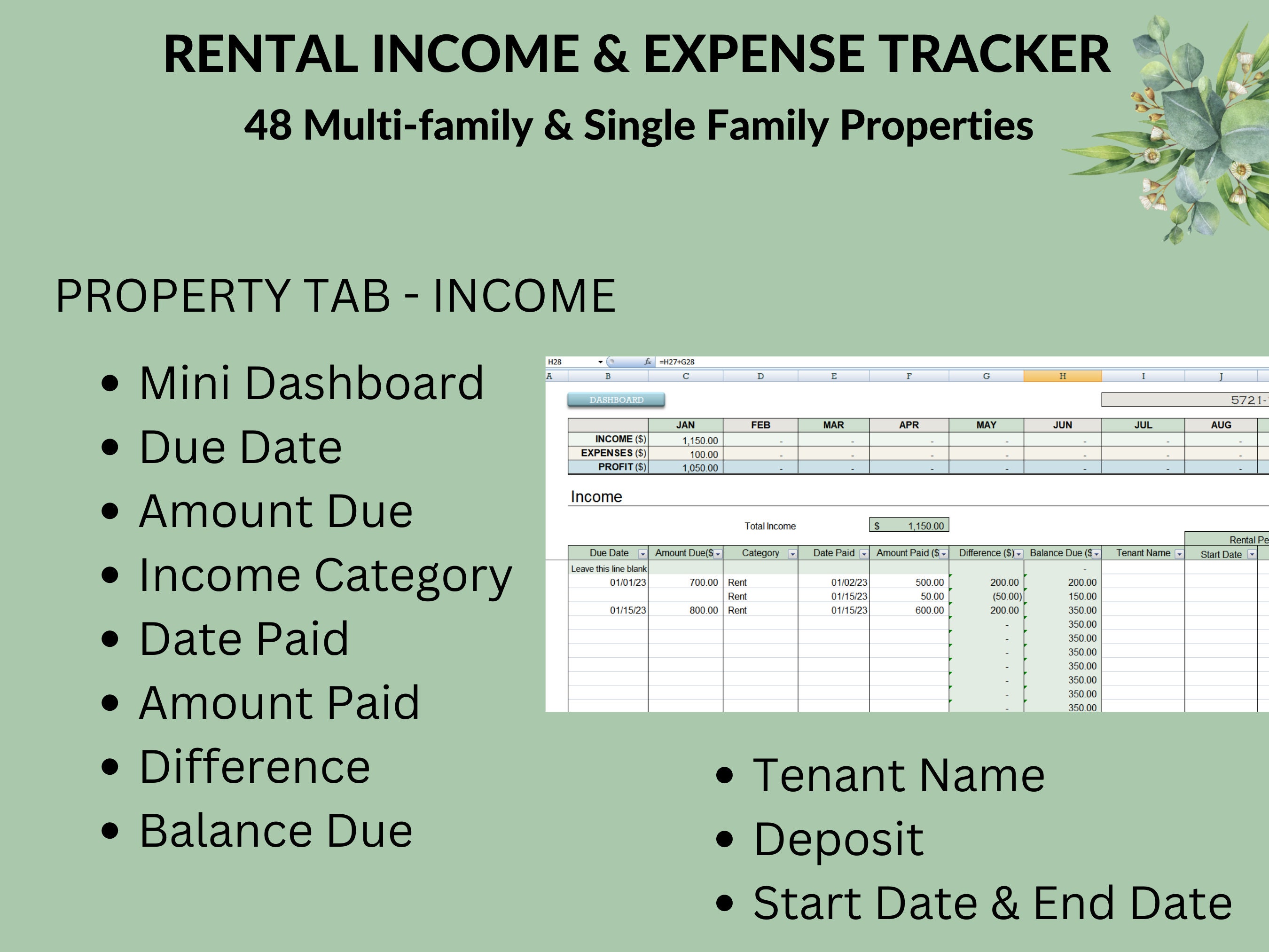 48 Multi-family Single Family Properties Rental Income & Expense Tracker Landlords Rental ...