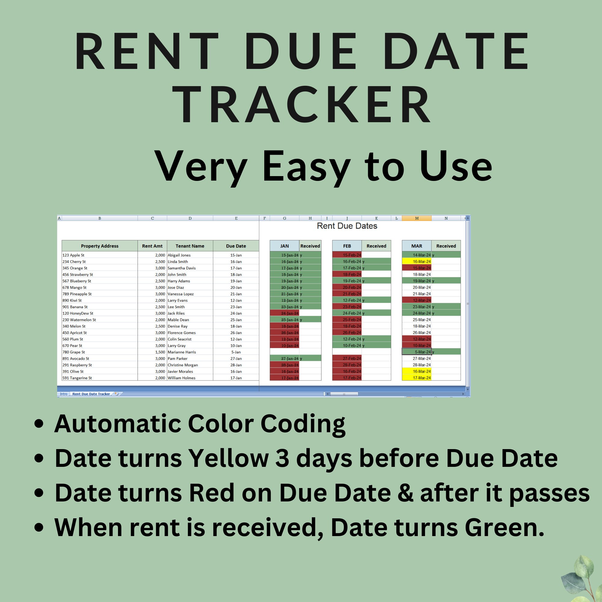 Rent Due Date Tracker: Landlord Tenant Payment Spreadsheet (google ...