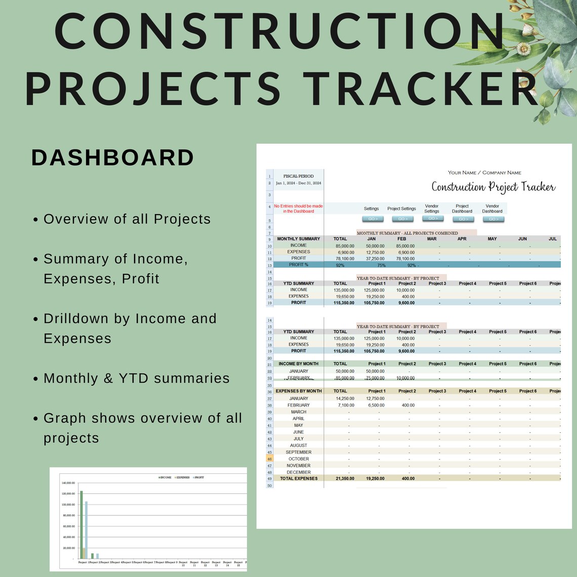 Construction Project Tracker: Income, Expense, Vendor Balance (excel ...