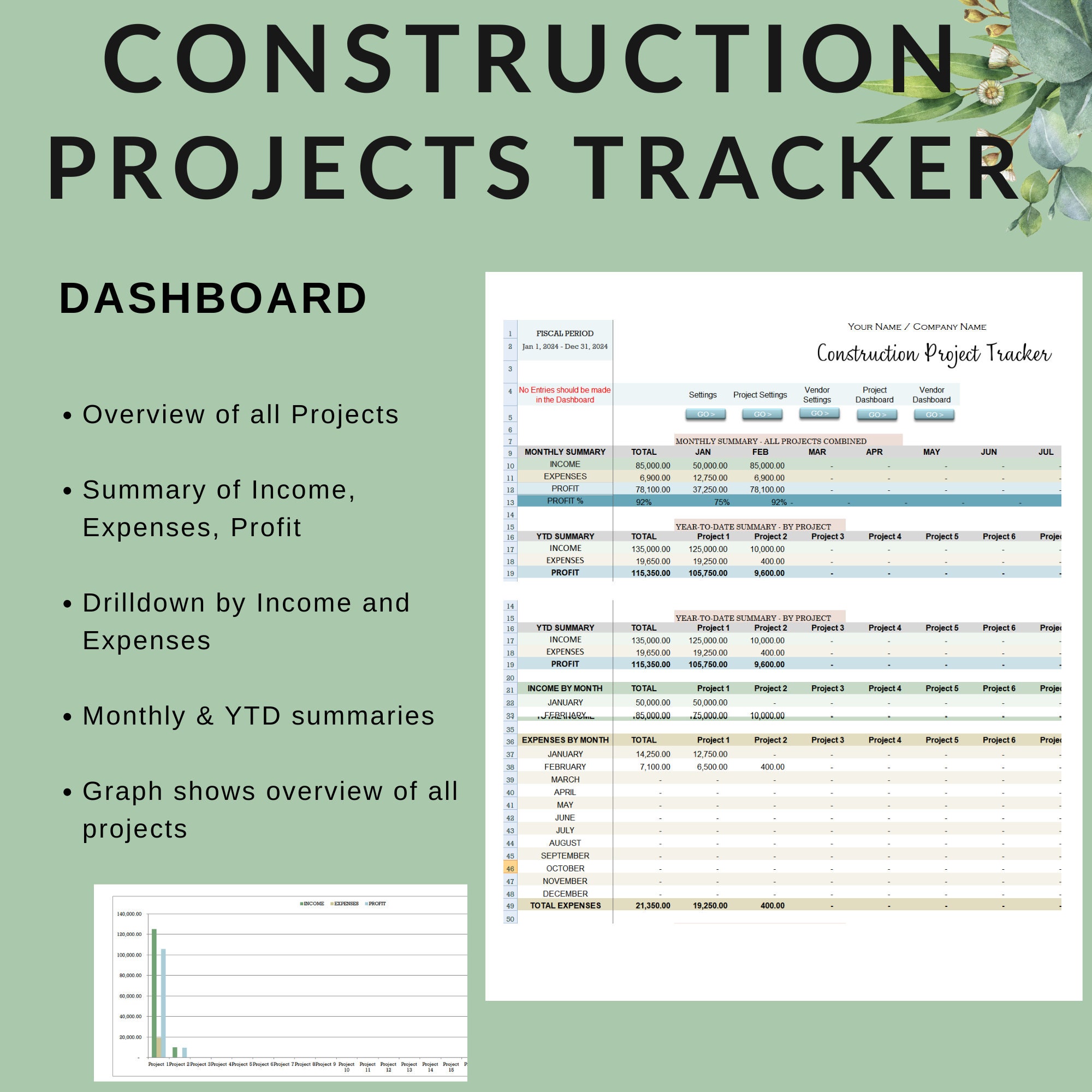 Construction Project Tracker: Income, Expense, Vendor Balance (excel ...