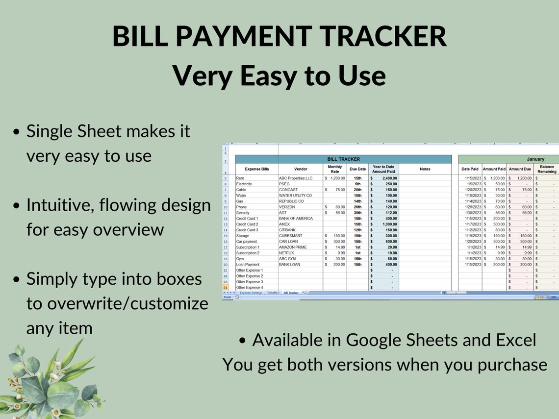 Monthly Bill Payment Tracker: Google Sheets & Excel Template - Etsy