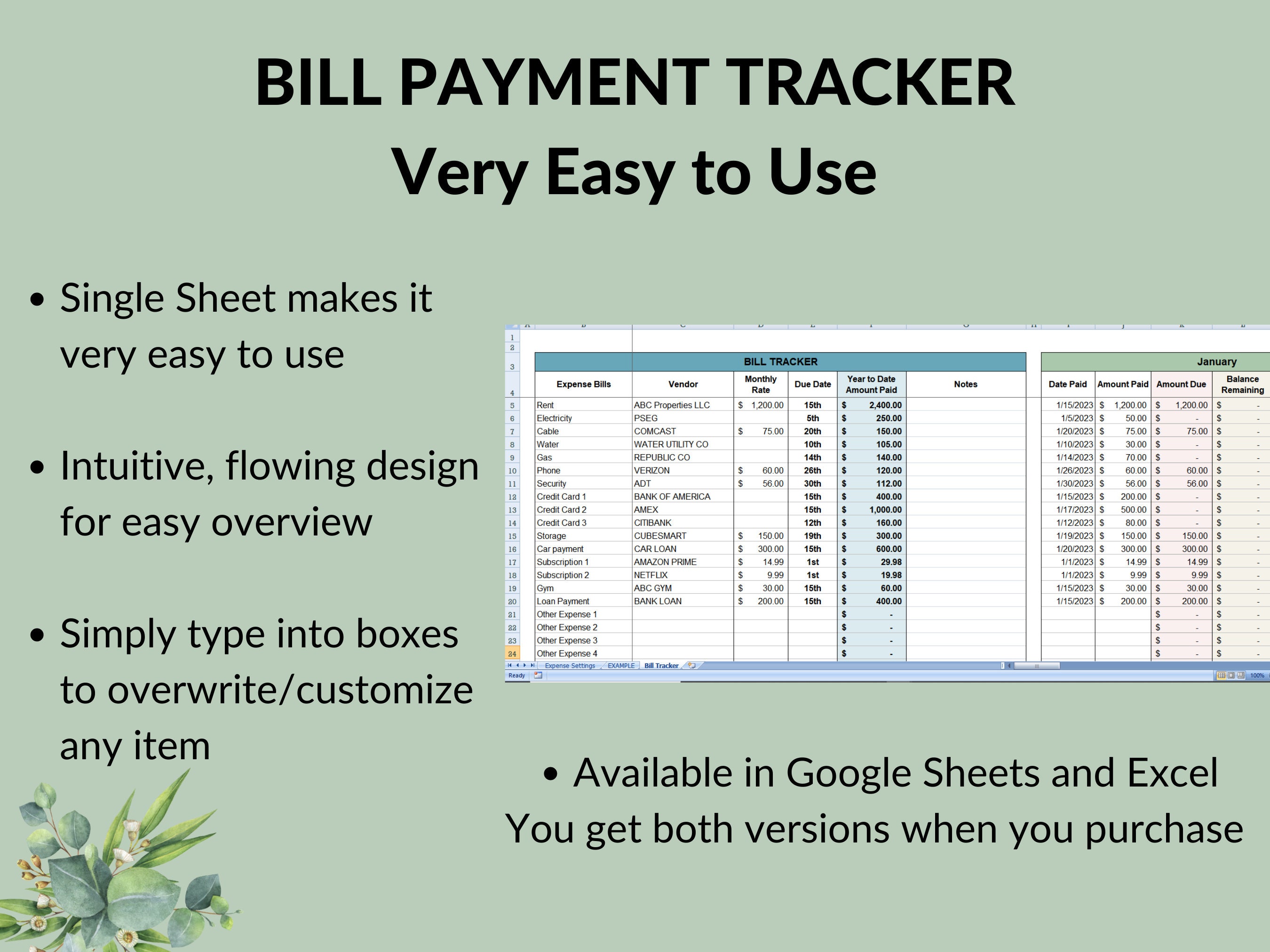 Bill Tracker Spreadsheet | Monthly Bill Payment Tracking | Bill Pay ...