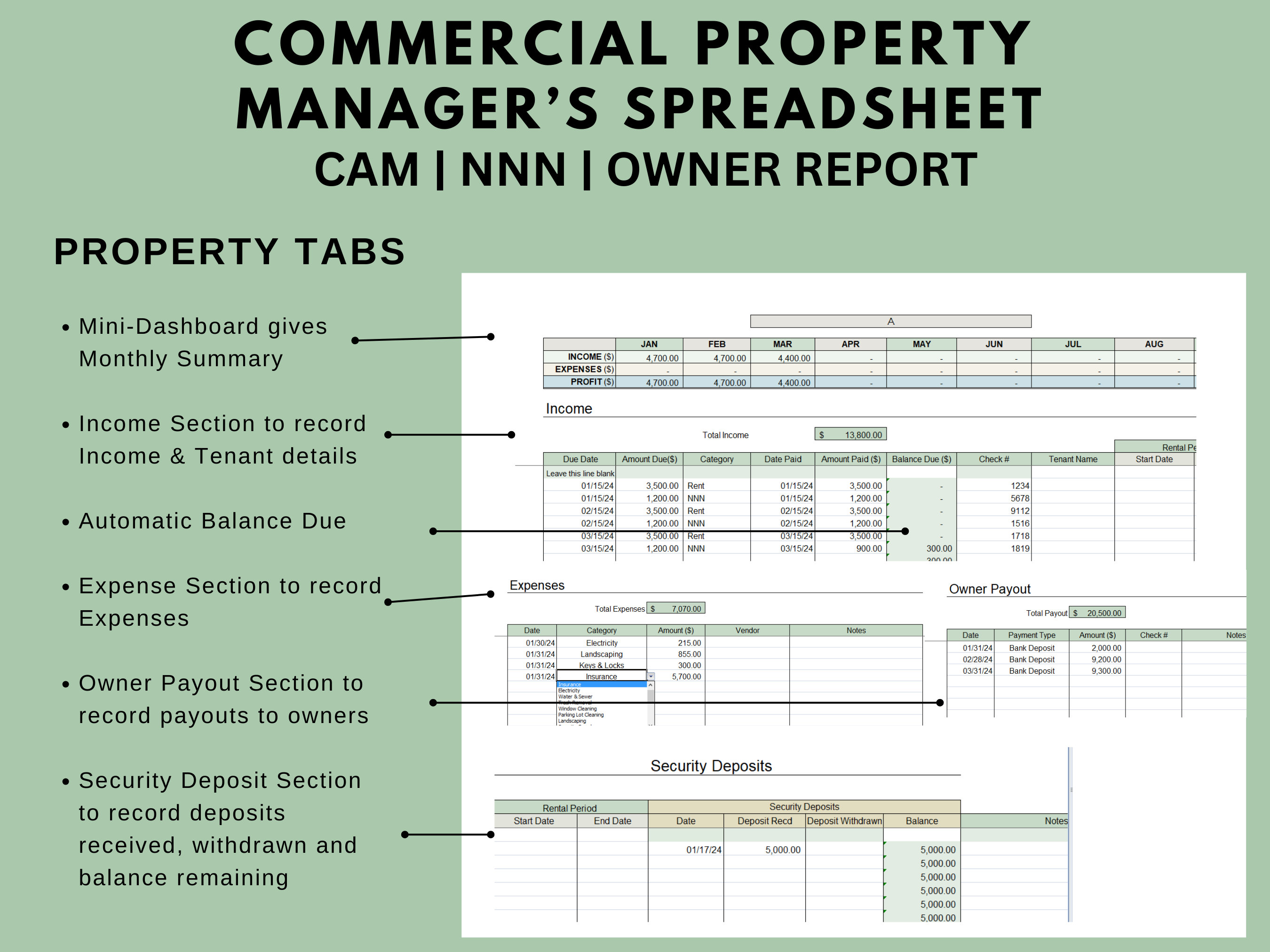 Commercial Property Manager Spreadsheet: Income, Expenses, CAM, NNN ...