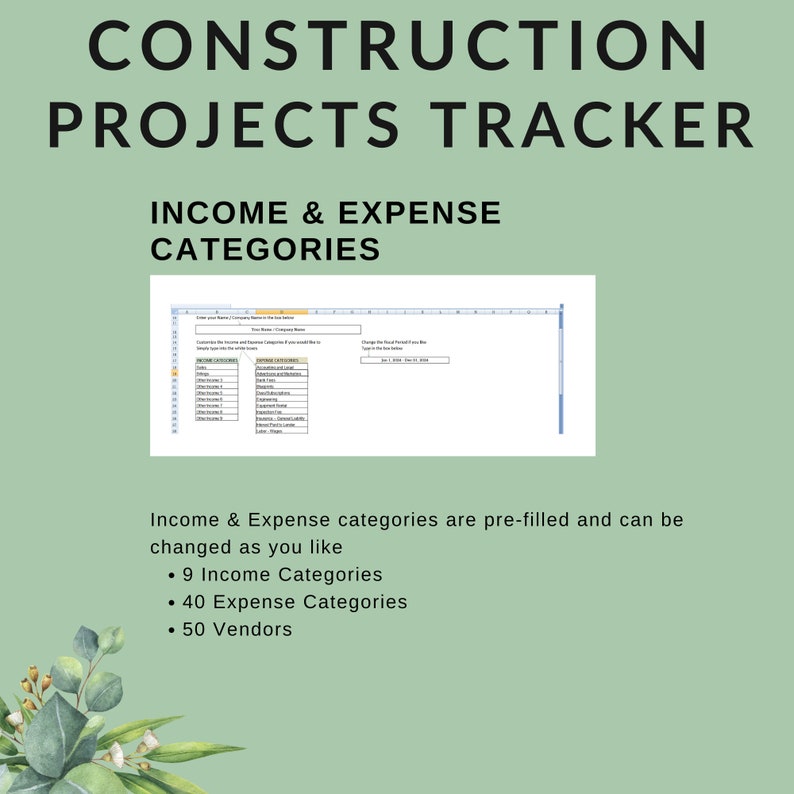Construction Project Tracker: Income, Expense, Vendor Balance (excel ...