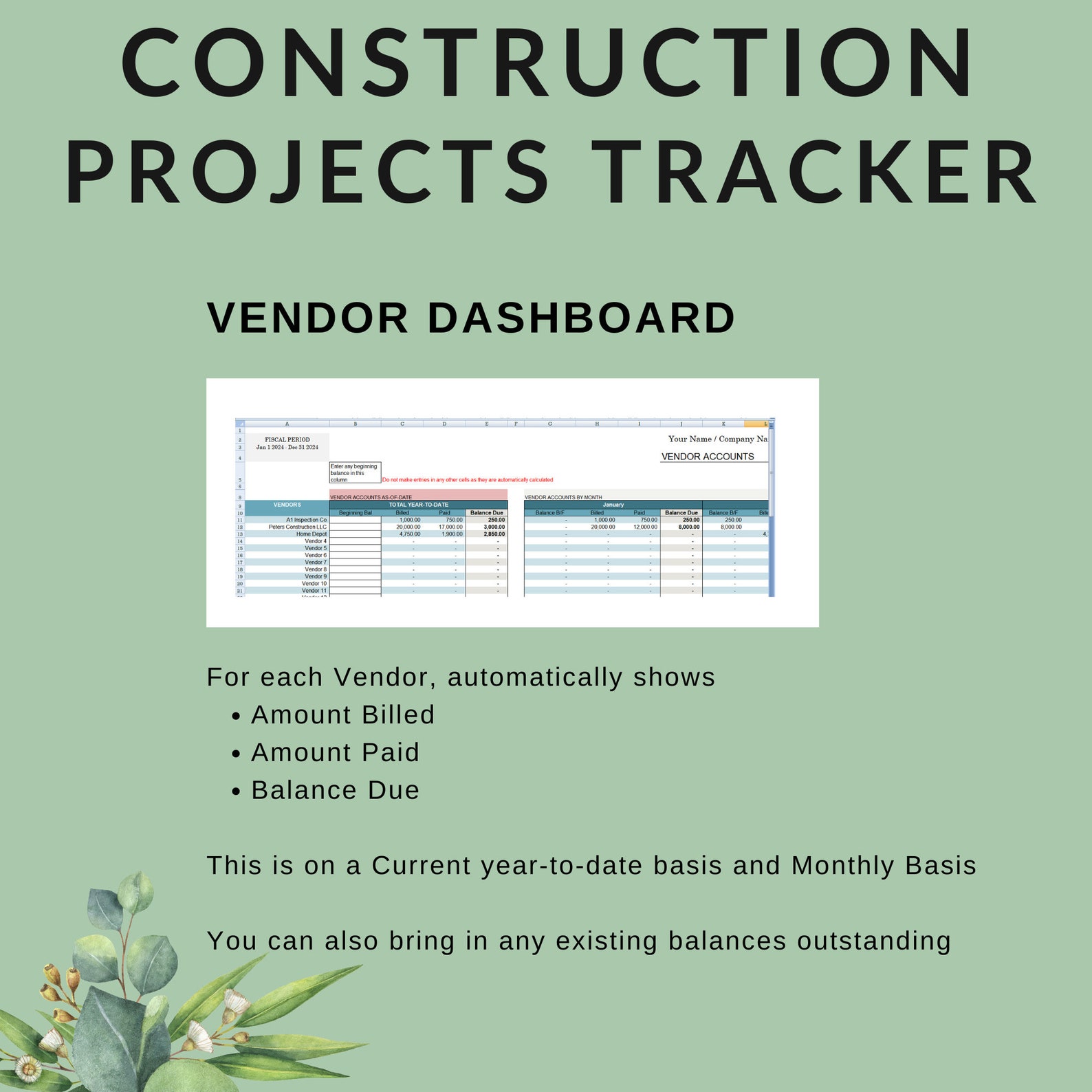 Construction Project Tracker: Income, Expense, Vendor Balance (excel ...
