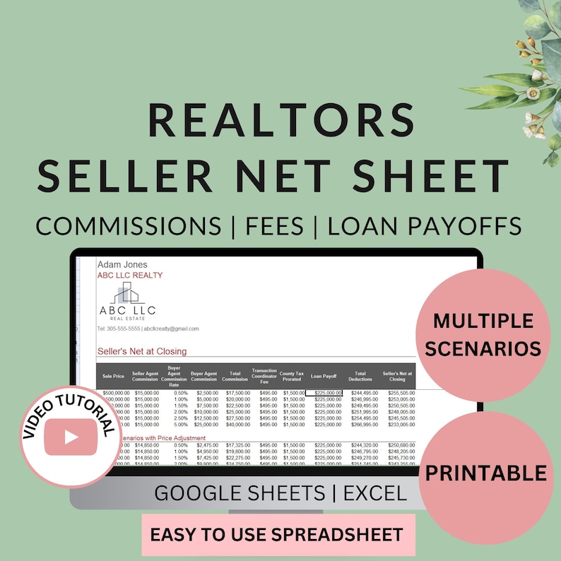 Realtor Seller Net Sheet: Real Estate Closing Calculator (excel ...