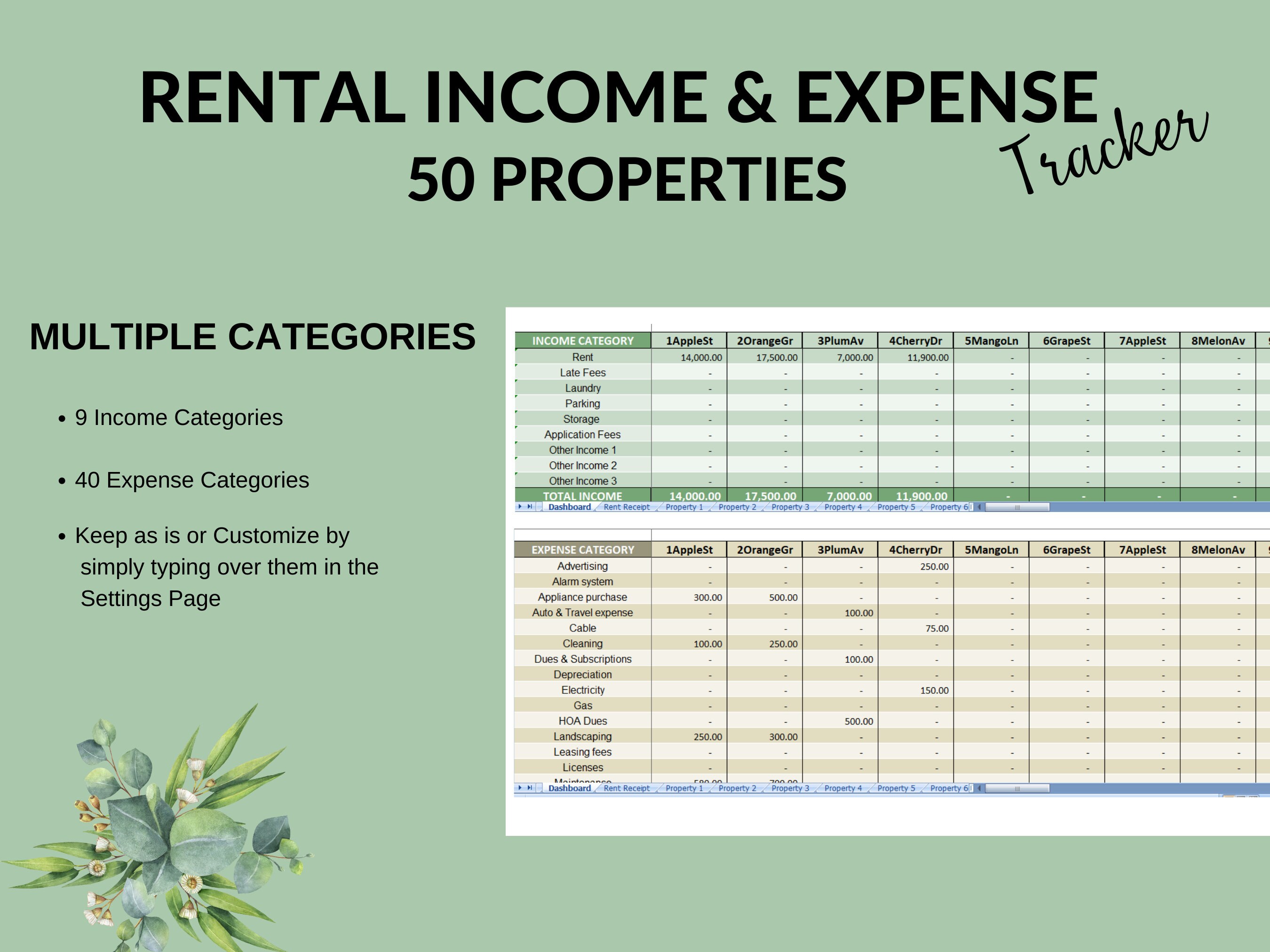 Rental Income Expense Tracker: 50 Properties, Landlords (excel, Google ...