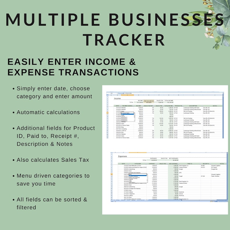 Multiple Business Bookkeeping | Income Expense Accounting | Printable ...