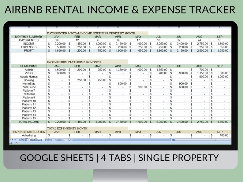 Airbnb Rental Income Tracker: Google Sheets Spreadsheet (digital ...
