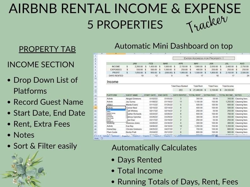Airbnb Rental Income Expense Tracker: 5 Properties (google Sheets ...