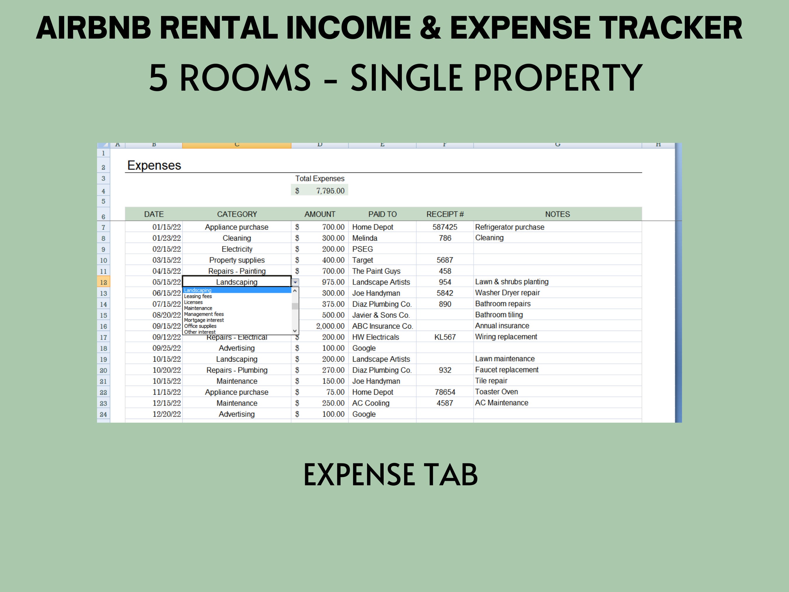 Airbnb Rental Income Expense Tracker: 5 Rooms Single Property Landlord ...