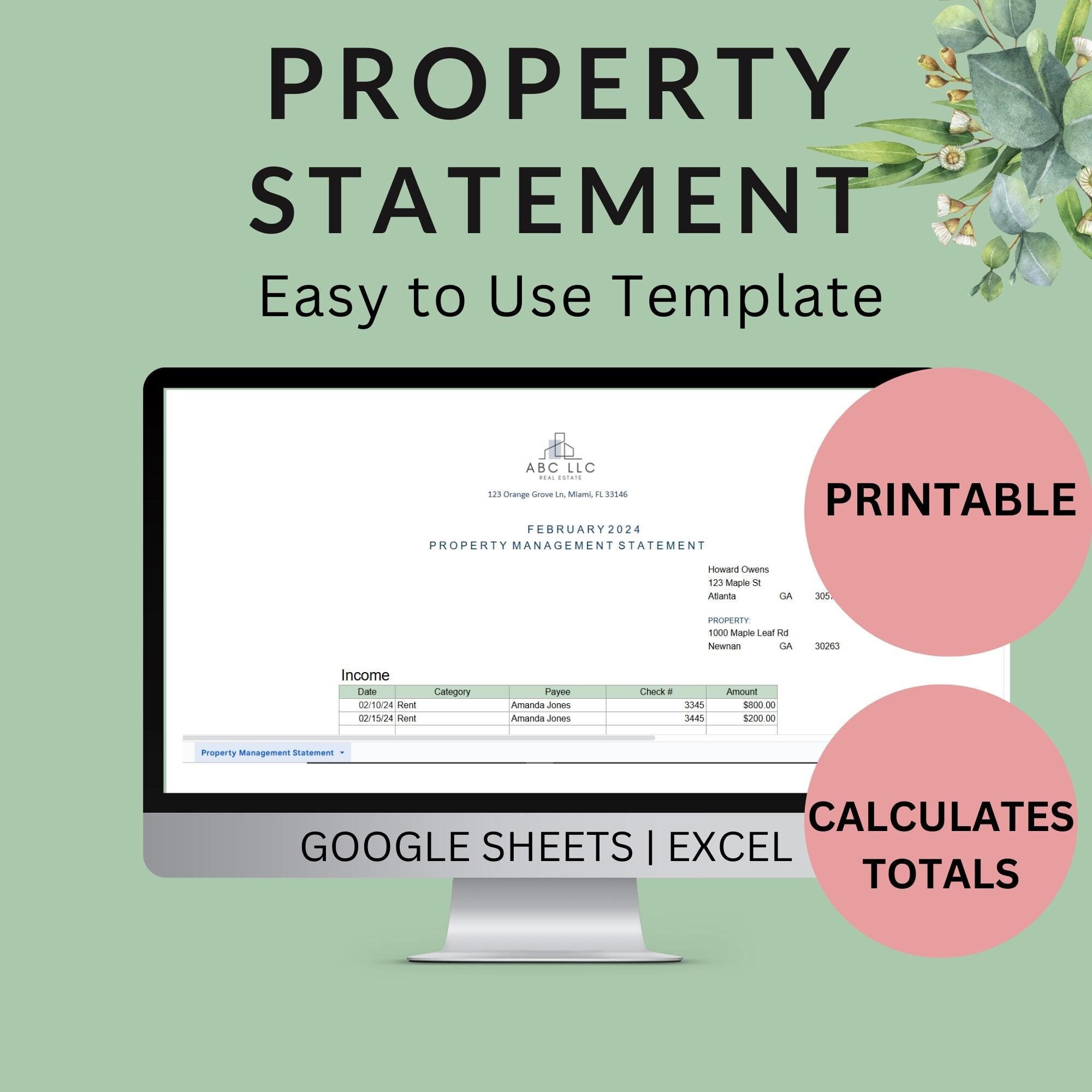 Property Management Monthly Statement Template 25 Properties AirBnB