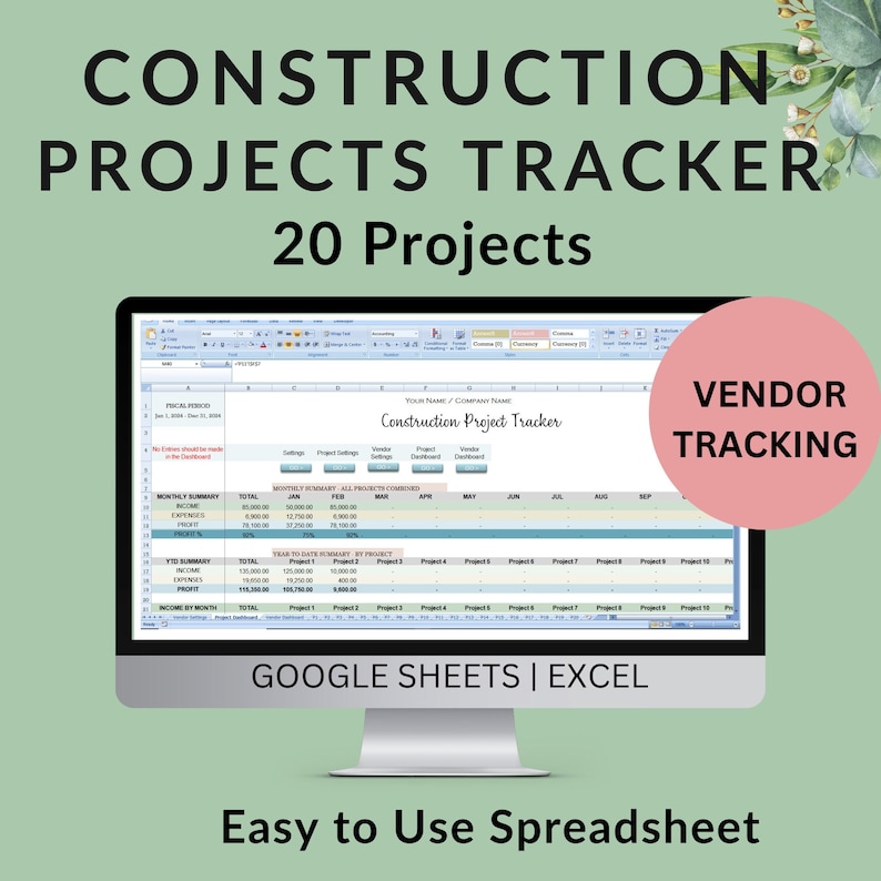Construction Project Tracker: Income, Expense, Vendor Balance (excel ...