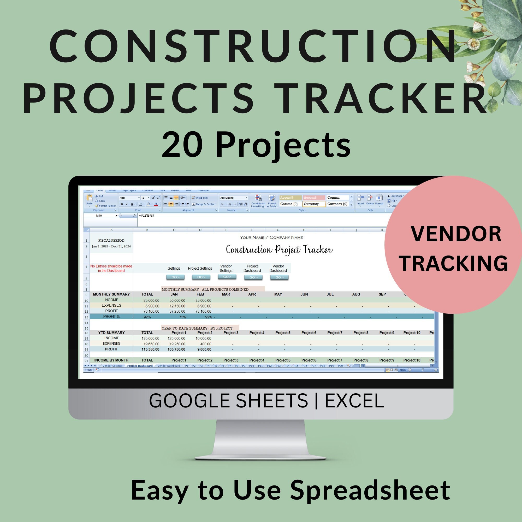 Construction Project Tracker: Income, Expense, Vendor Balance (excel ...