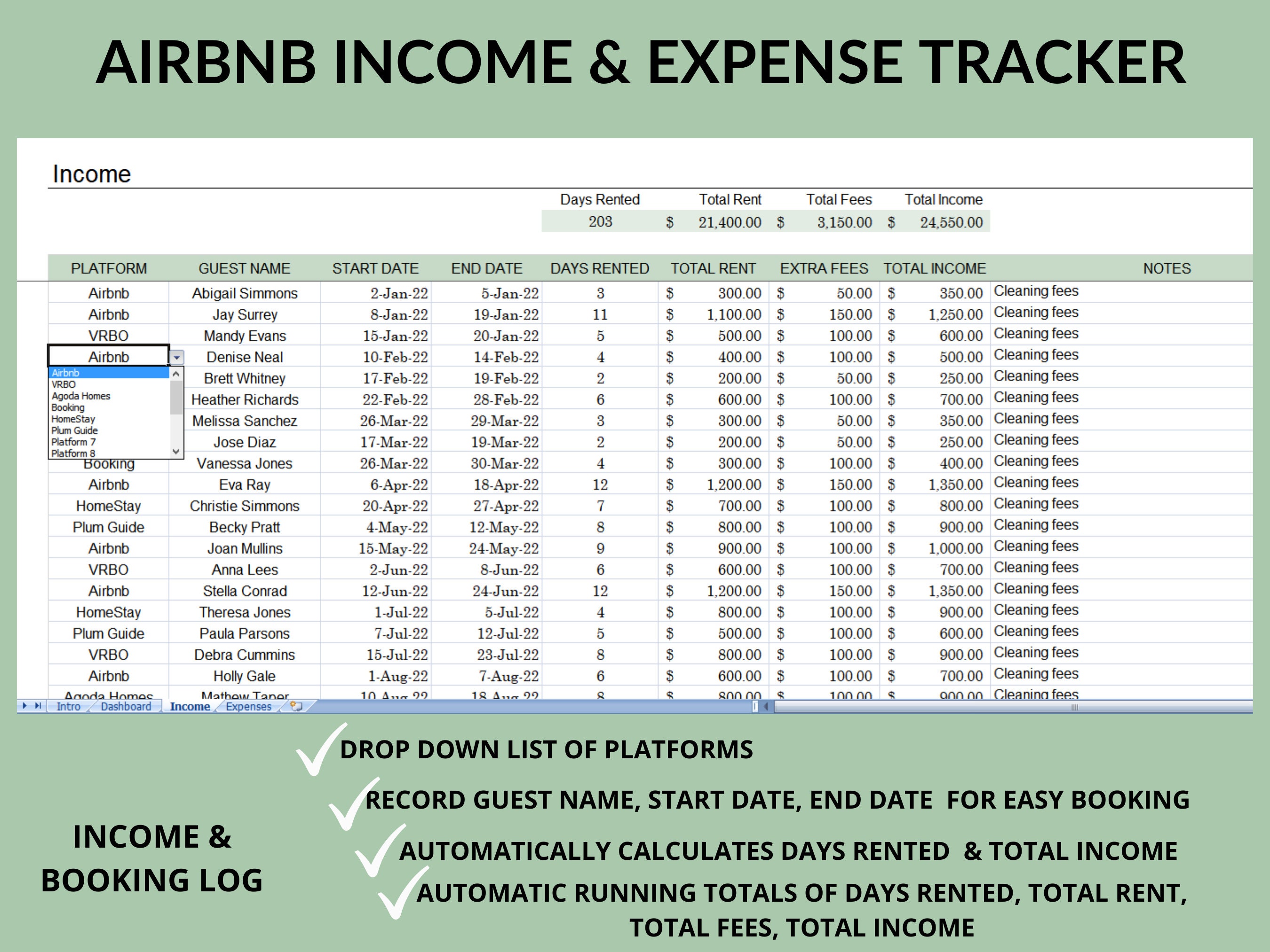 Airbnb Rental Income Expense Tracker | Landlord Rental Property ...