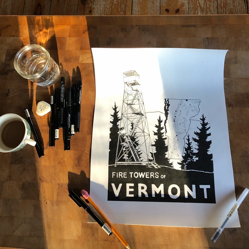 Fire Towers Screen Print, Vermont's Long Trail, Green Mountains, by MTN ...