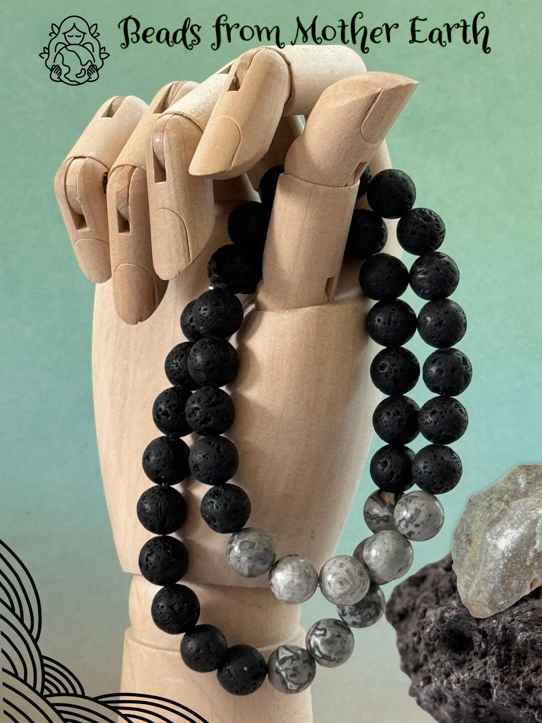 Map Stone Jasper and Volcanic Rock Beaded Elastic Bracelet. Unisex ...