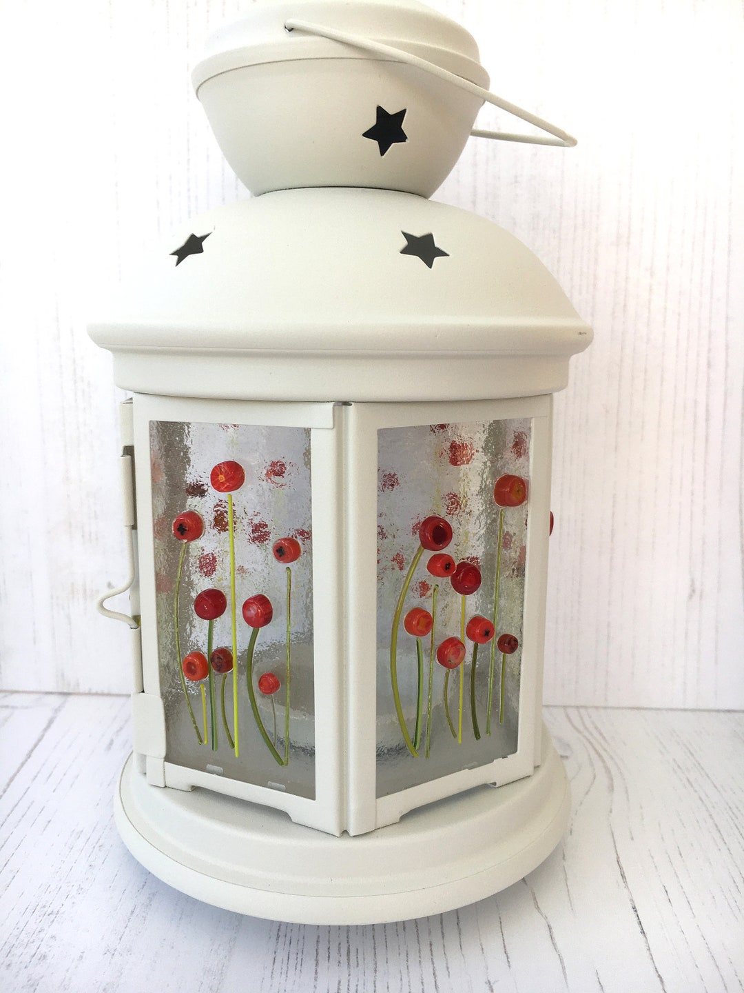 Poppy Floral Fused Glass Lantern ~ Red Flowers ~ Garden Decor ~ Unique ...