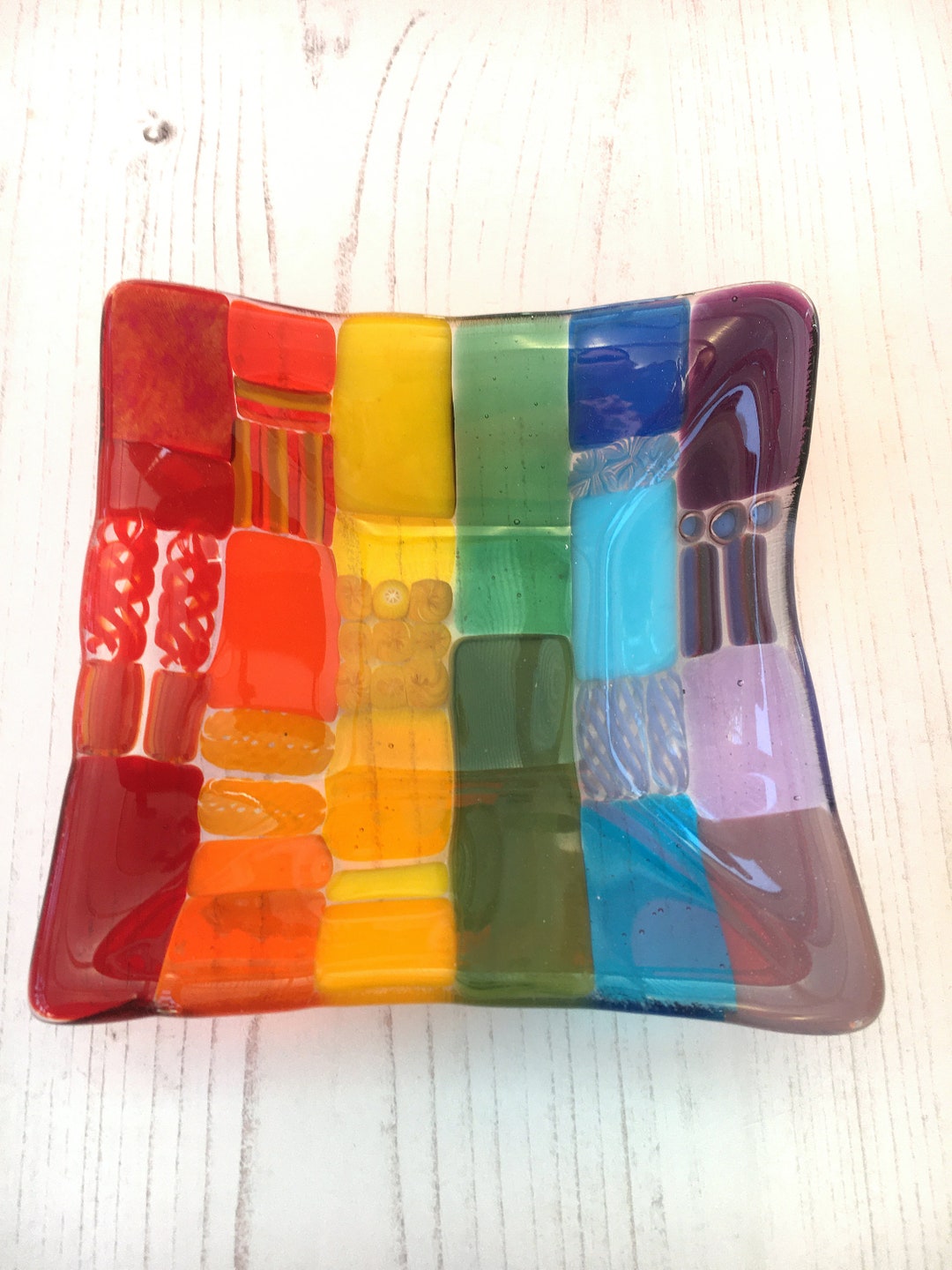 Fused Glass Rainbow Patchwork Dish, Multicoloured Trinket Dish ...