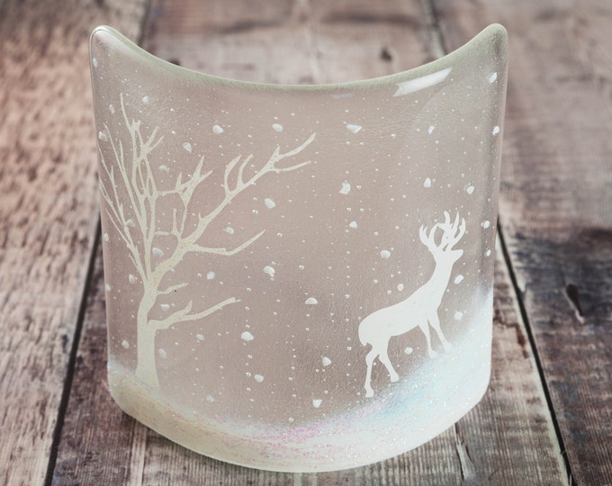 White Sparkling Tree and Deer Scene - Christmas Tree Candle Shield - Etsy