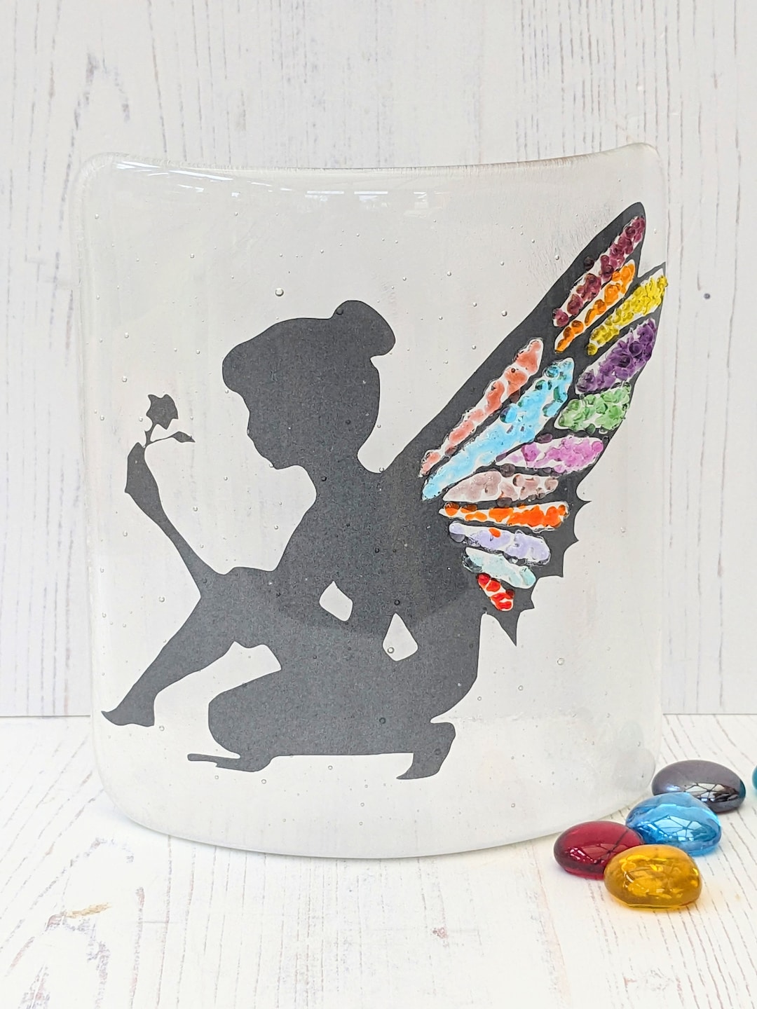 Fairy Silhouette Fused Glass Curve, Multicoloured Fairy Home Decor, Fae ...