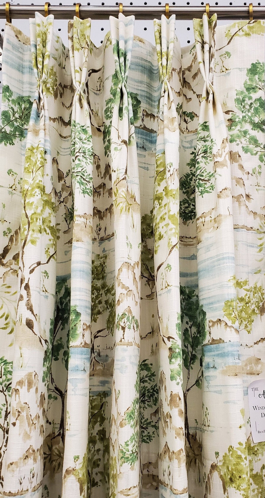 Hikaru Willow, Green & Blue Asian Toile Fabric | Lined Custom Drapes or ...