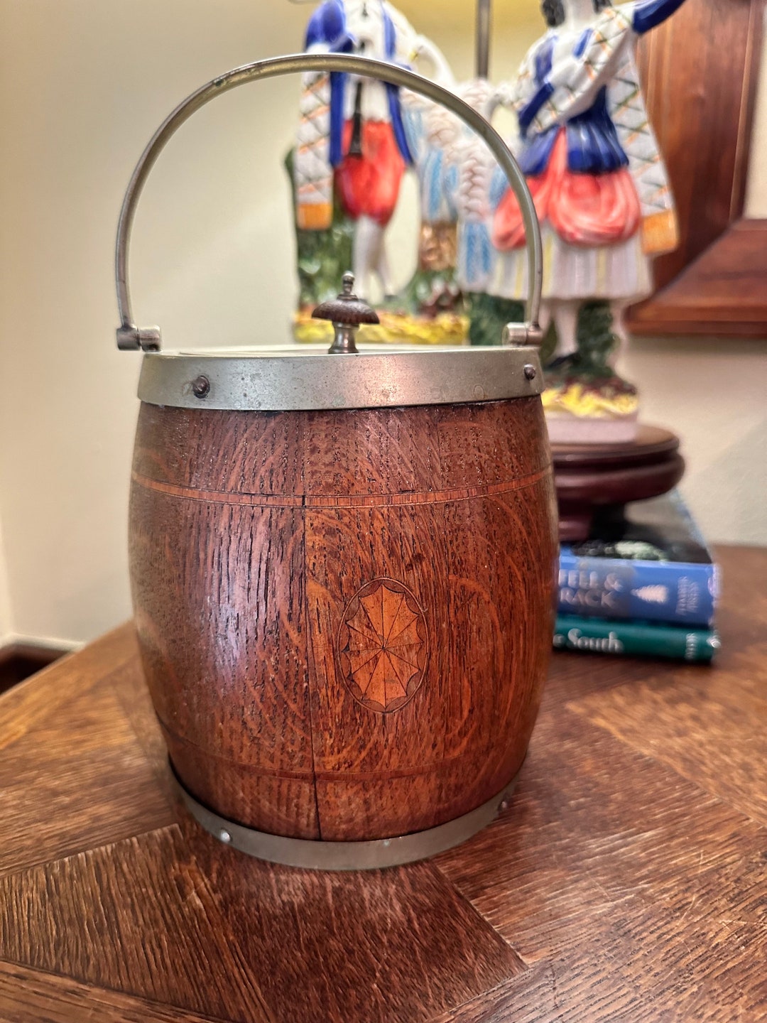 English Oak Biscuit Barrel With Inlay - Etsy