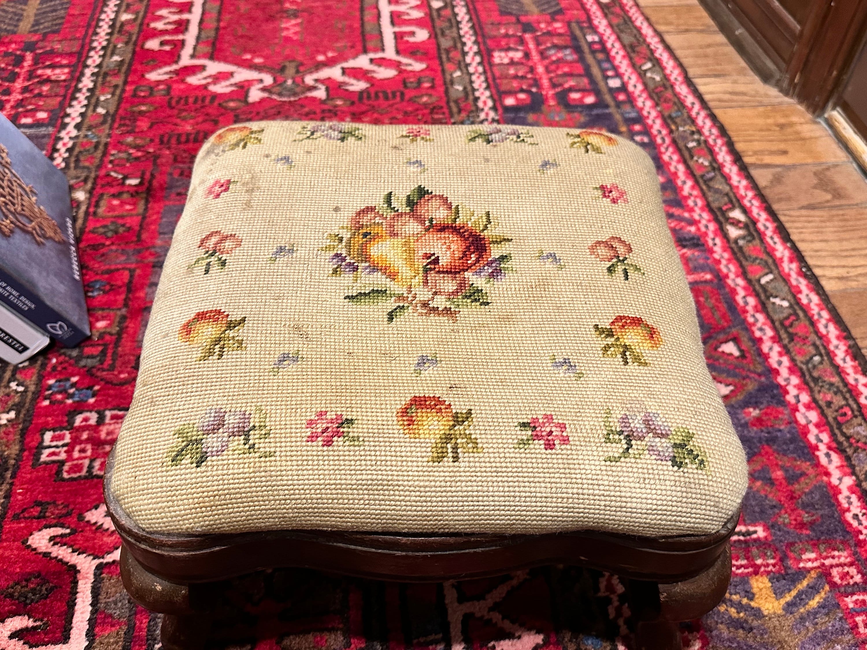 Antique Needlepoint Footstool - Etsy