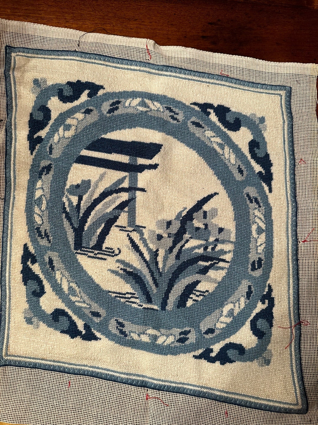 Blue and White Petit Point Needlepoint Panel Completed - Etsy