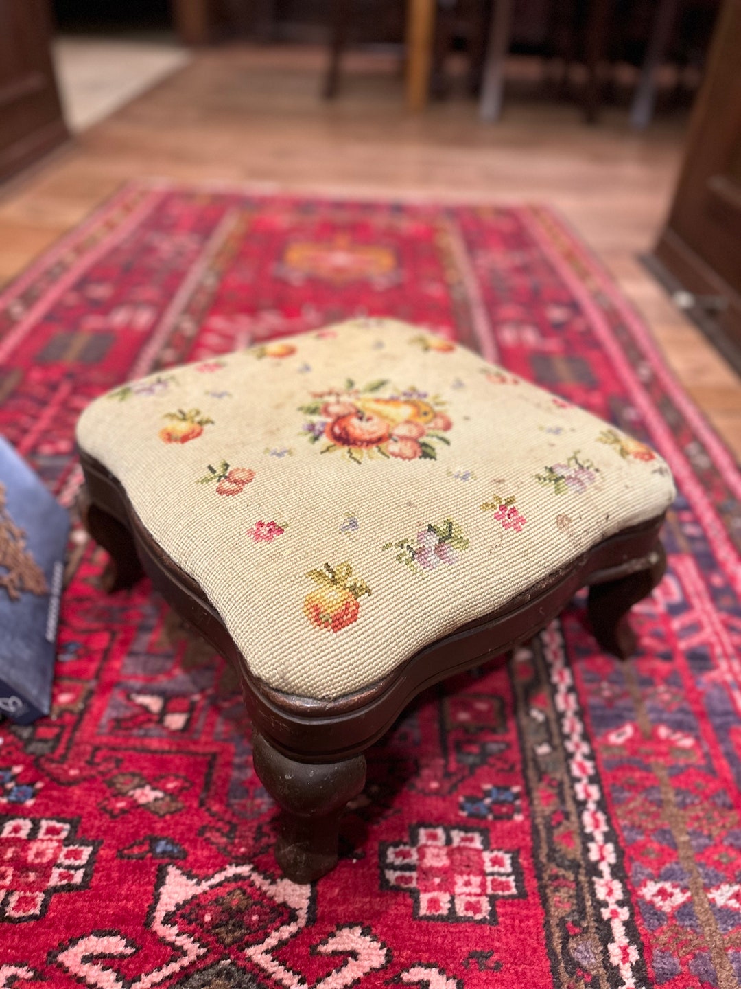 Antique Needlepoint Footstool - Etsy