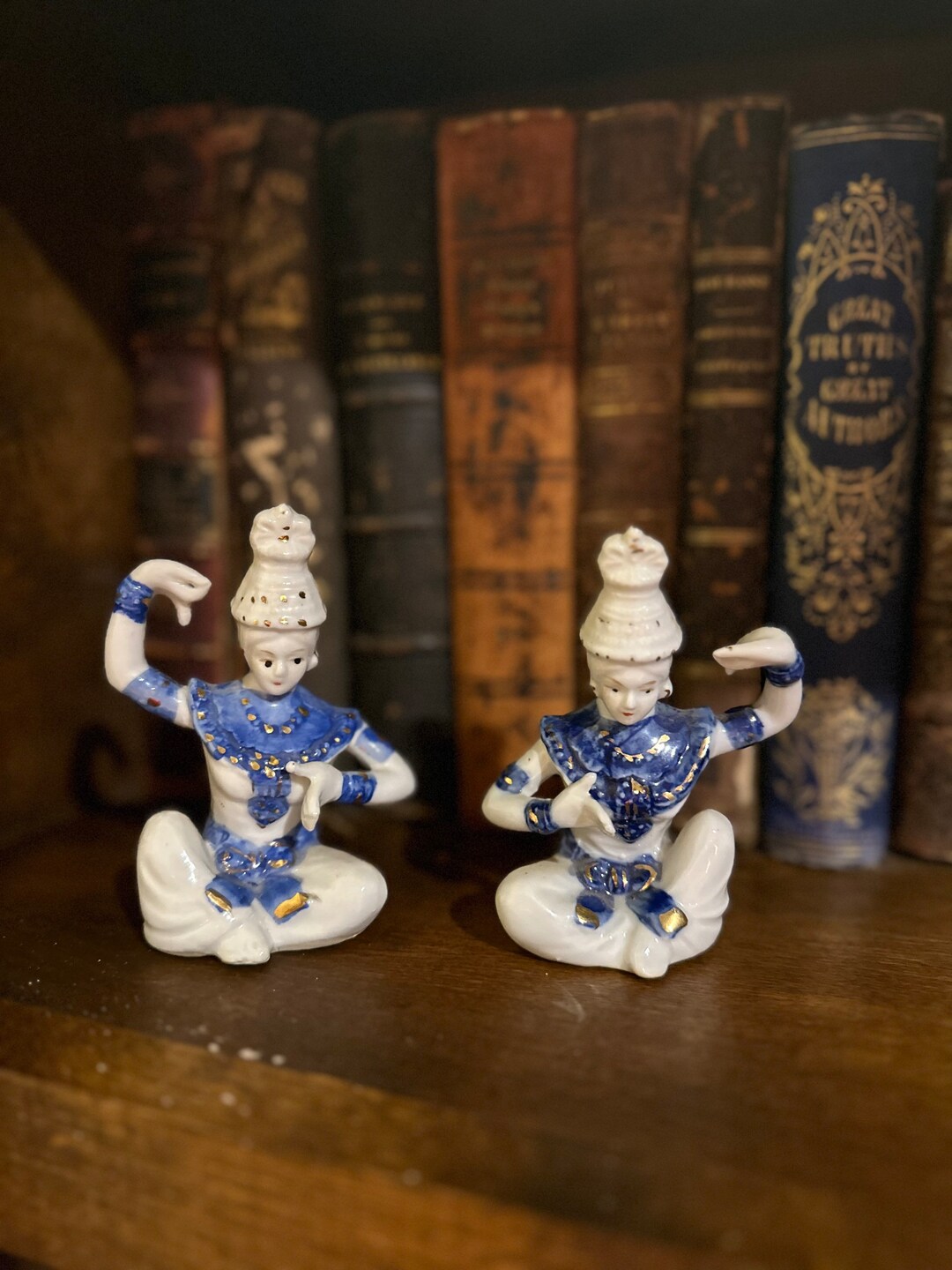Pair Thai Siamese Blue & White Porcelain Siam Thailand Temple Dancer ...