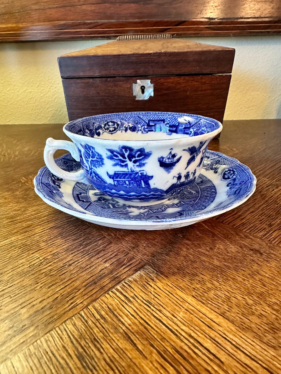 Antique Blue Willow Cup and Saucer - Etsy