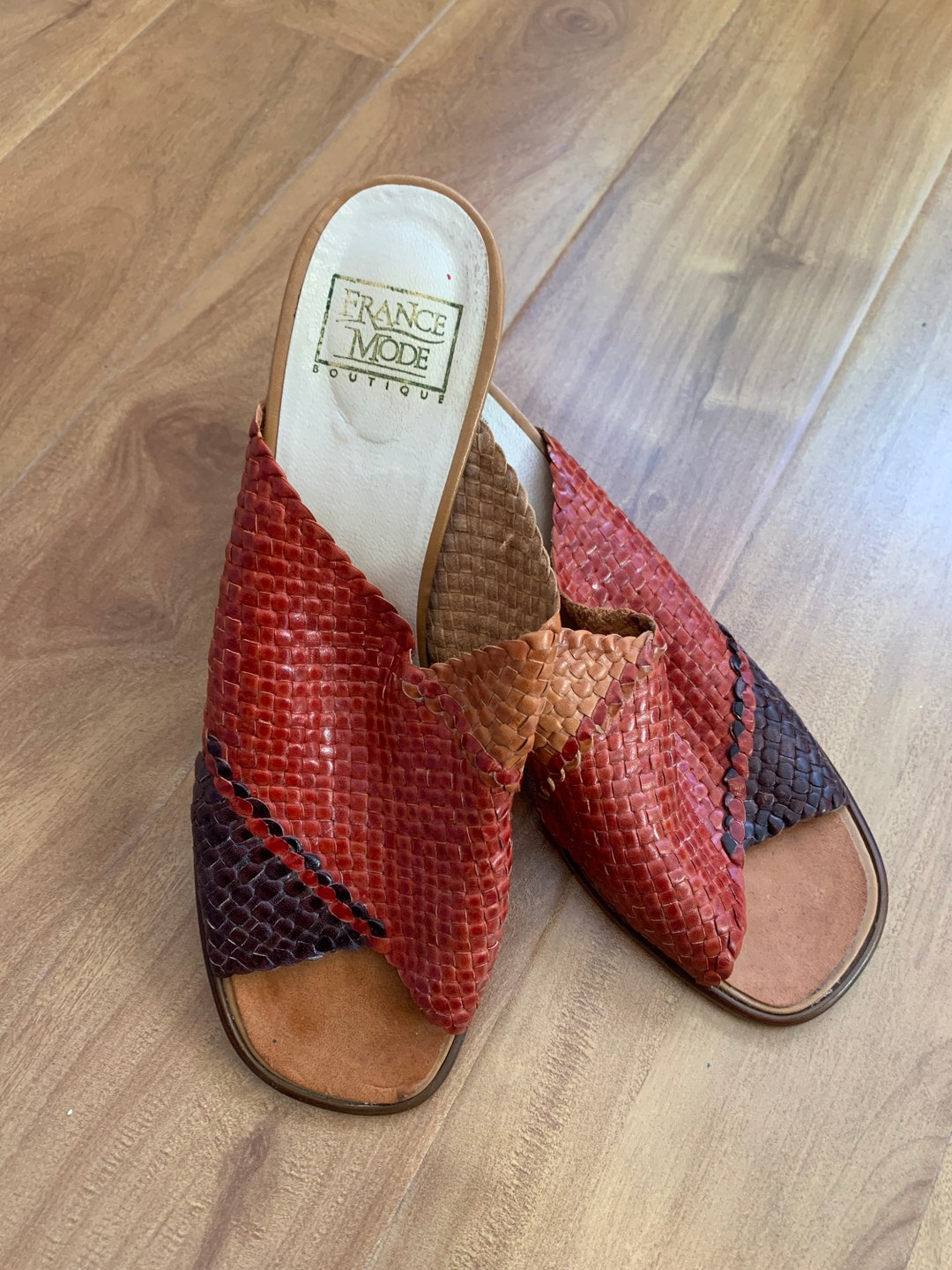 Vintage Boho france Mode Boutique Multi Colour Leather Low Heel Mules ...