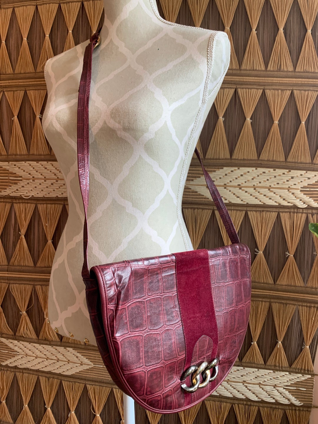 Ox Blood Red Embossed Italian Leather Vintage 'mimo Sacs' Fold Over ...