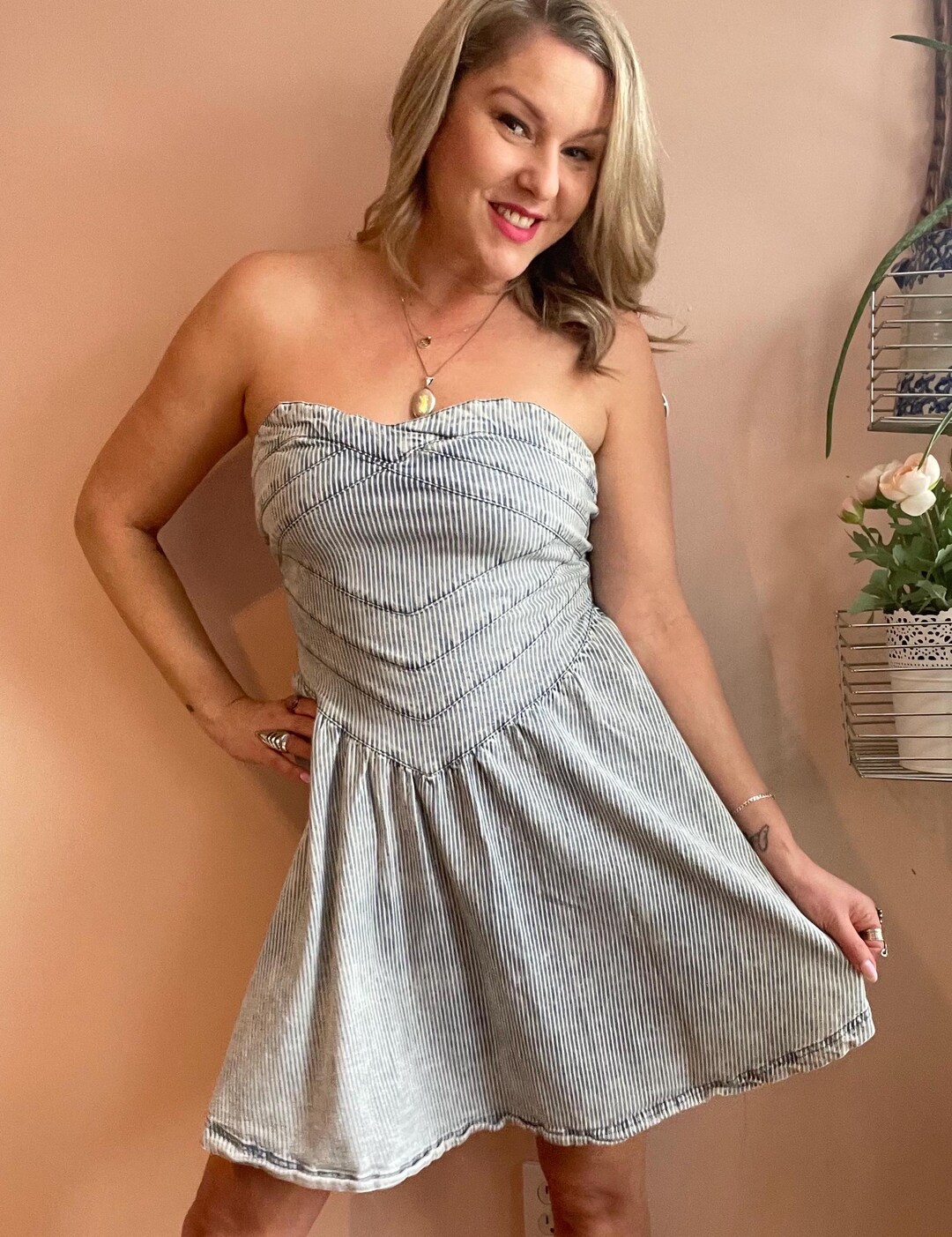 Y2k 'quicksilver' Sweetheart Neck Striped Denim Mini Dress Size Large ...