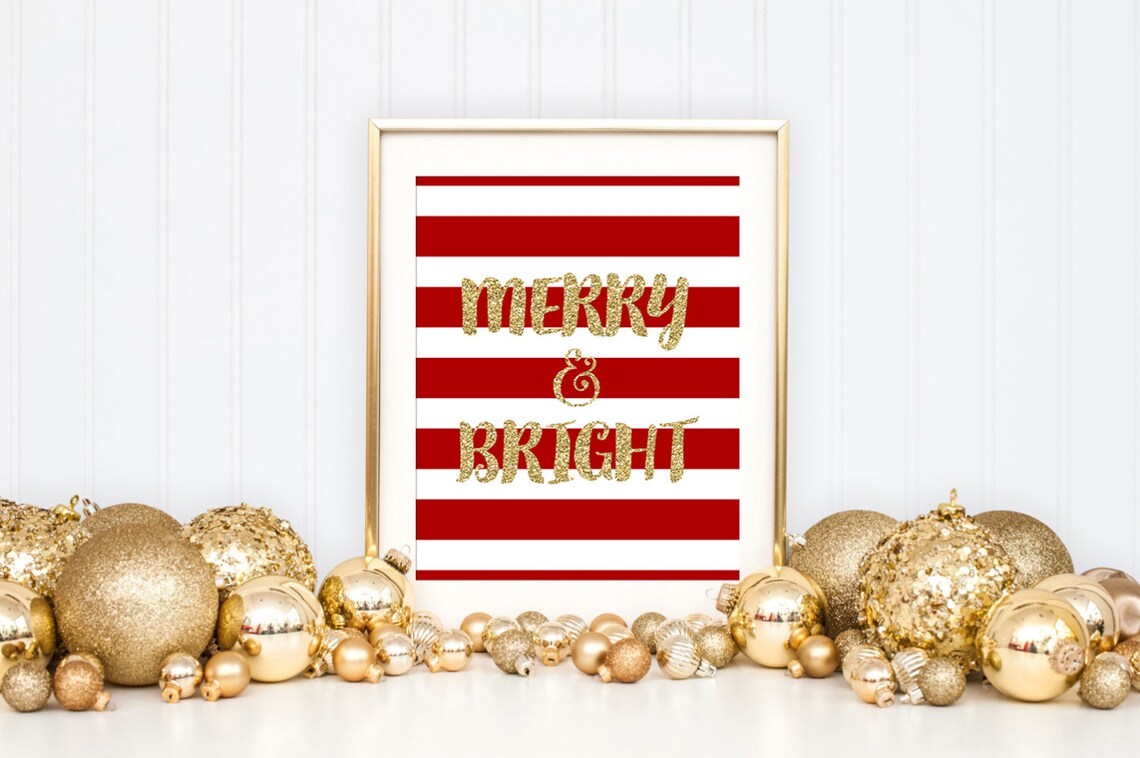 Merry and Bright Christmas Printable Art Print Gold Merry and - Etsy