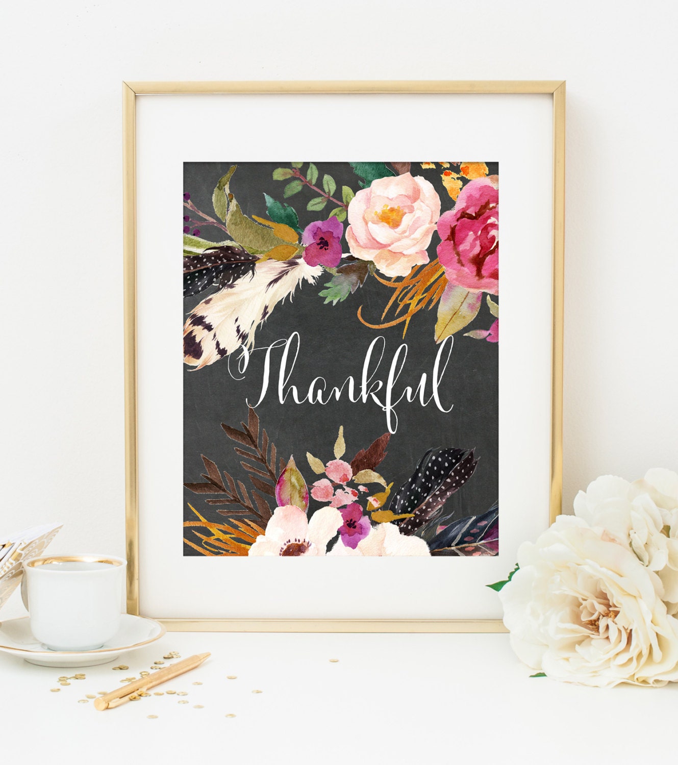 Thankful Printable Art Print, Thanksgiving Printable, 8x10, Chalkboard ...