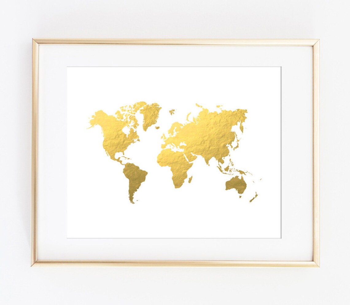 World Map Print, Gold World Map, Gold Map, Printable Art Print, Travel ...