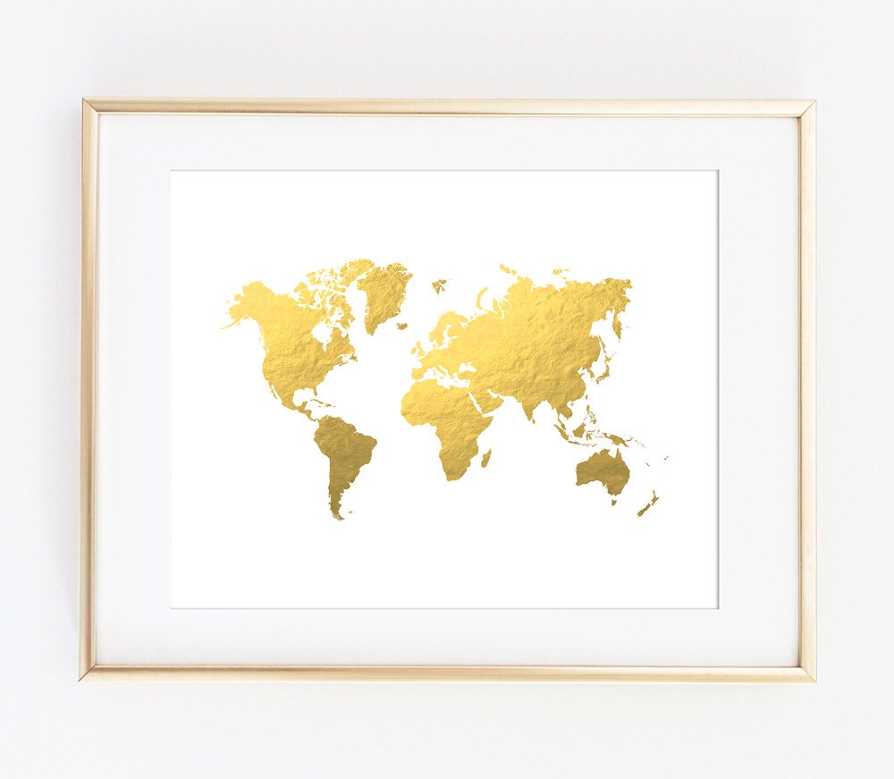 World Map Print, Gold World Map, Gold Map, Printable Art Print, Travel ...